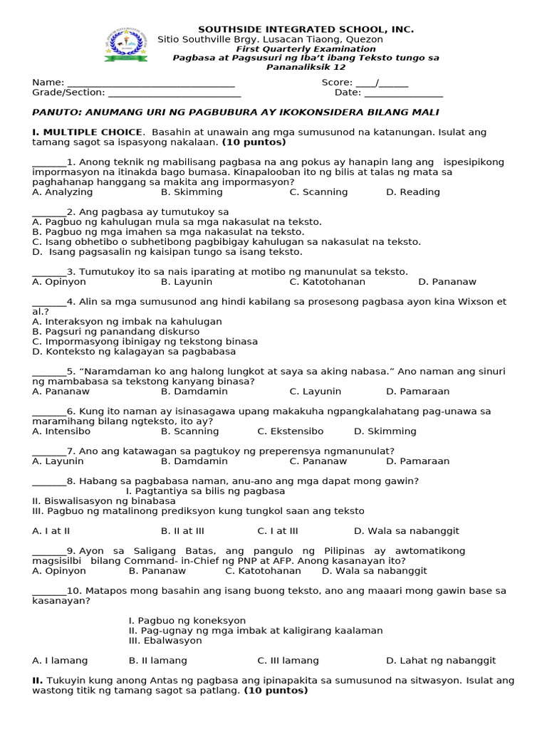 Pagbasa at Pagsusuri Grade12 Examination | PDF
