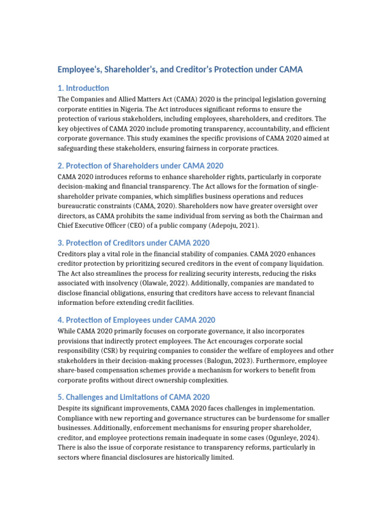 CAMA 2020: Protecting Stakeholders in Nigeria | PDF | Corporate ...