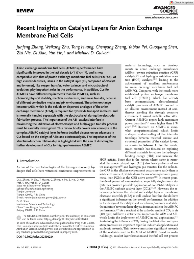 Advanced Science - 2021 - Zhang - Recent Insights On Catalyst Layers ...