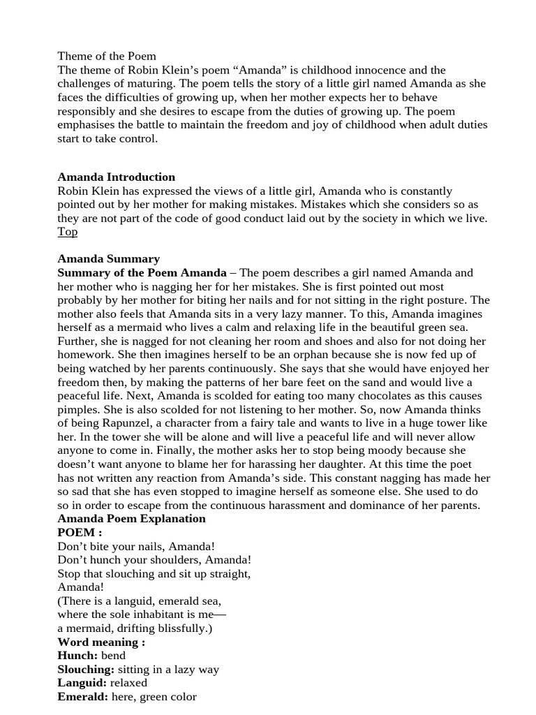Amanda: A Poem on Childhood Struggles | PDF | Rhyme | Rapunzel
