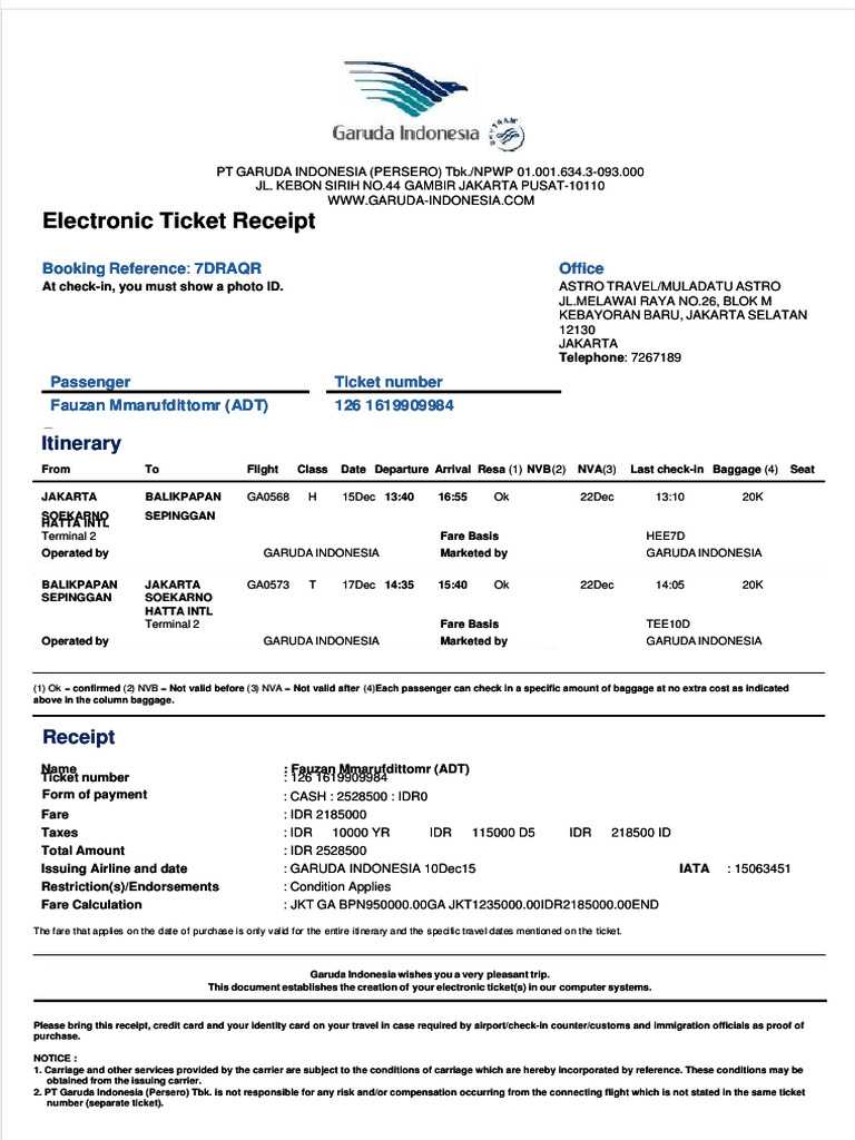 Garuda Indonesia Electronic Ticket Receipt | PDF