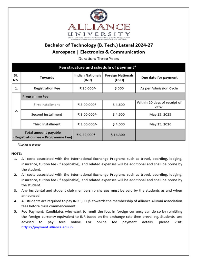 Aerospace B.Tech Fee Structure 2024-27 | PDF