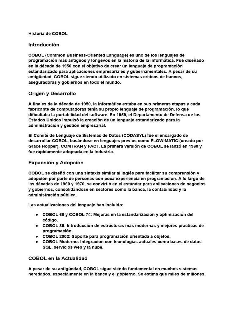 Historia de Cobol | PDF | Programación de computadoras | Tecnologías de ...