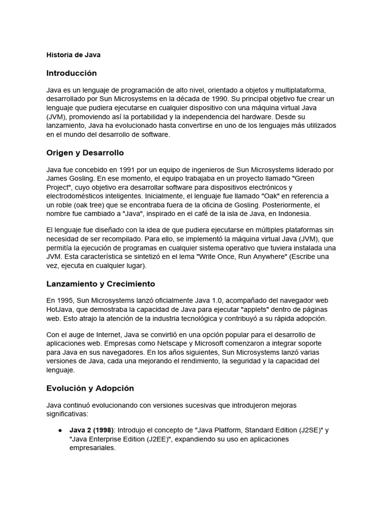 Historia y evolución de Java | PDF | Java (lenguaje de programación) | máquina virtual de Java