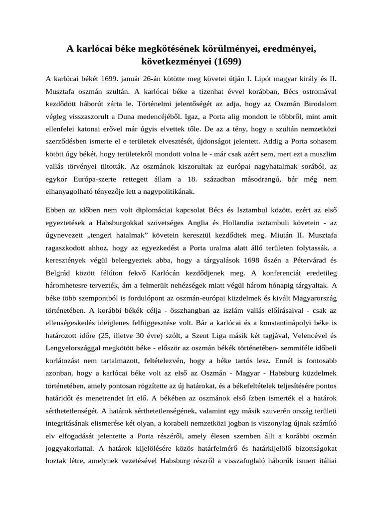 A Karlócai Béke Megkötésének Körülményei, Eredményei, Következményei (1699) | PDF