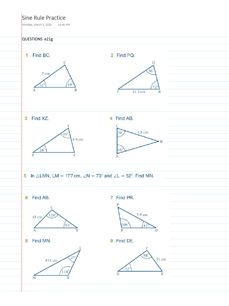 Sine Rule Practice | PDF
