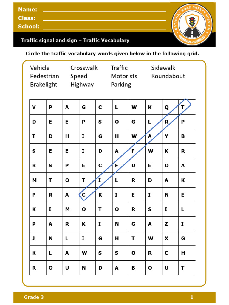 Grade 3 Traffic Vocabulary Puzzle | PDF