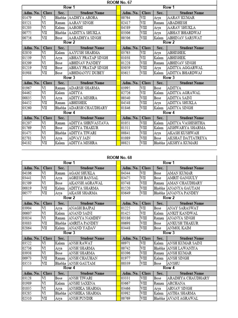Annual Exam Sitting Plan Class - VI, VII & VIII (2024-25) | PDF