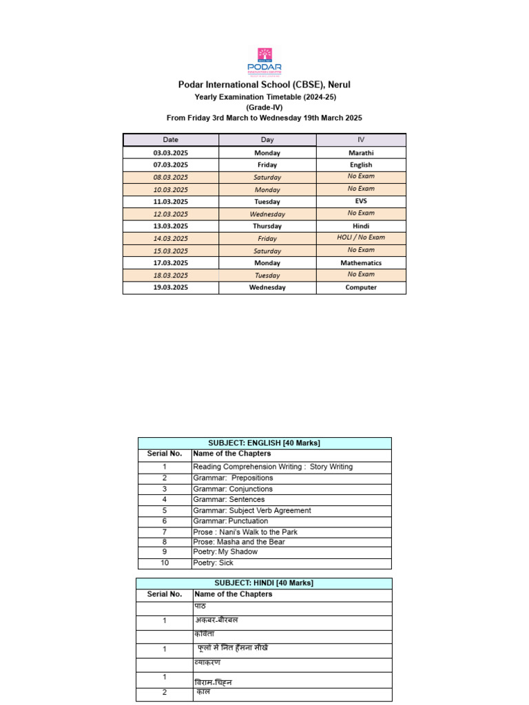Grade IV-YE Timetable and Portion (2024-25) | PDF | Grammar | Linguistics