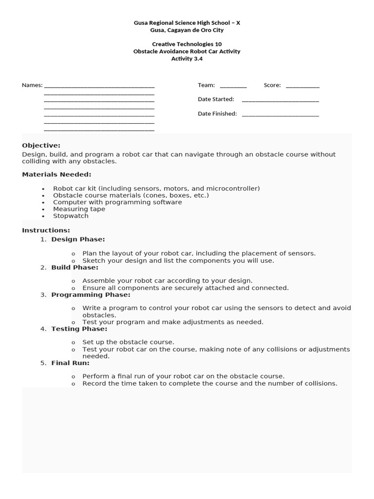 Activity 3.4 Obstacle Avoidance Robot Car Activity | PDF | Robot | Robotics