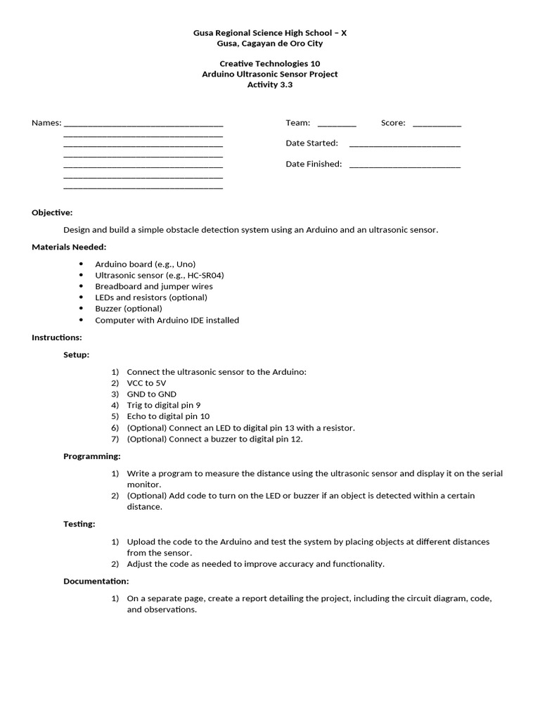 Activity 33 Arduino Ultrasonic Sensor Pdf Arduino Software Bug