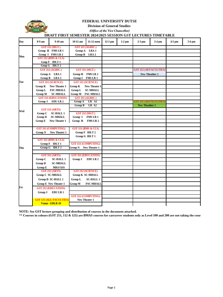 First Semester 24-25 GST Draft Lecture Timetable - Excel | PDF