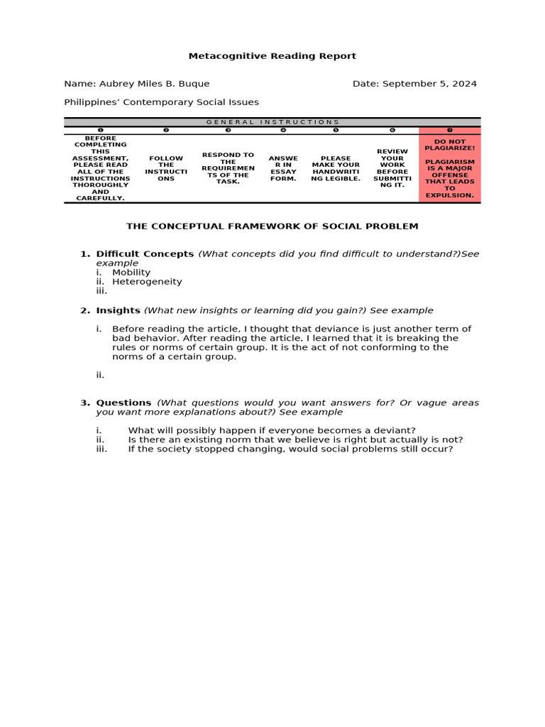 BUQUE Metacognitive Reading Report. | PDF | Deviance (Sociology) | Behavioural Sciences