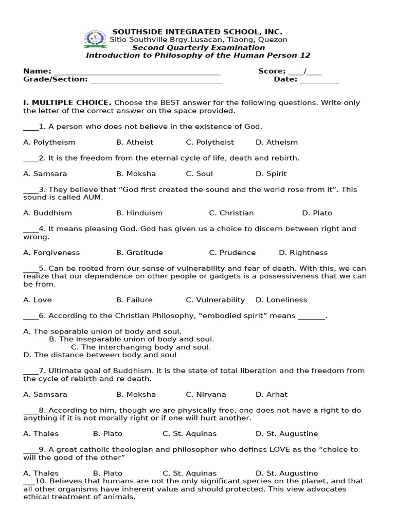 Second Quarterly Exam - Intro To Philo (G12) | PDF | Augustine Of Hippo ...