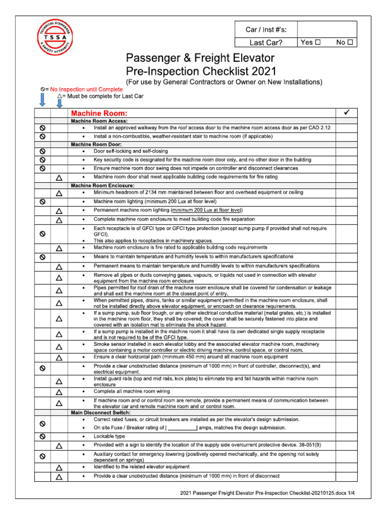 2021 Passenger Freight Elevator Pre Inspection Checklist | PDF