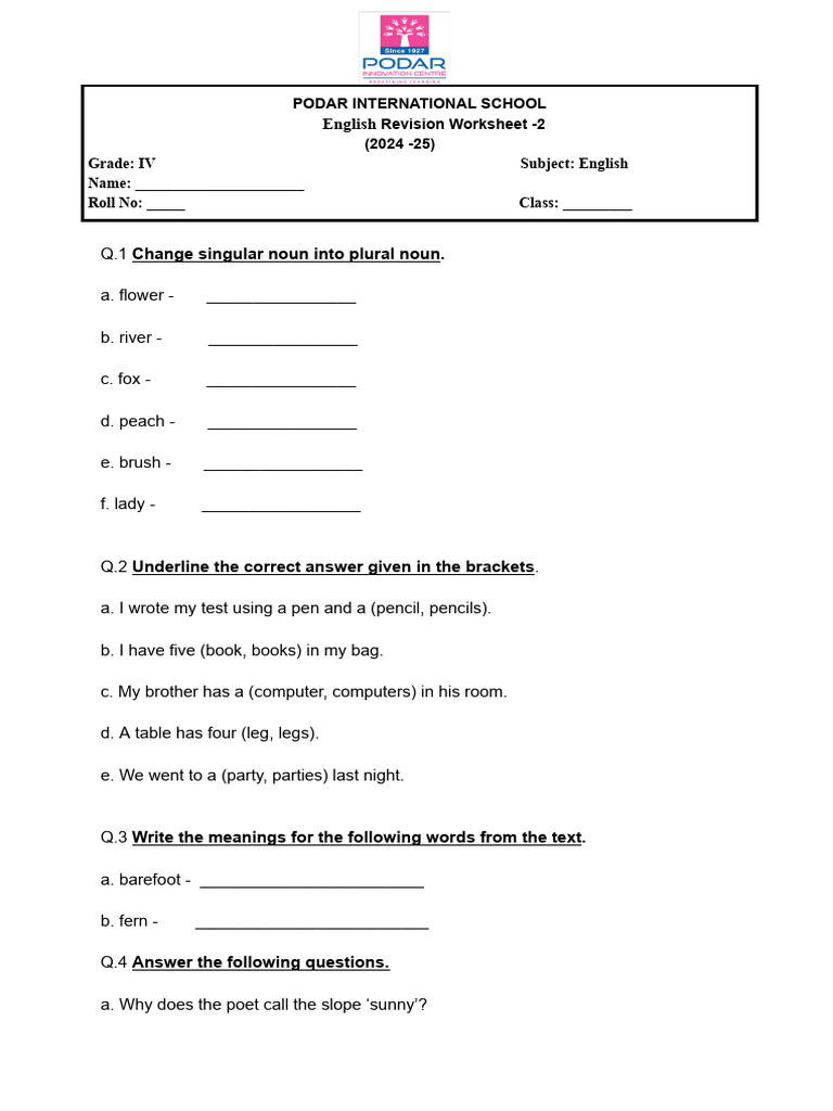 Ade - 4 Bare Foot Days - Singular Plural (Revision Worksheet) | PDF