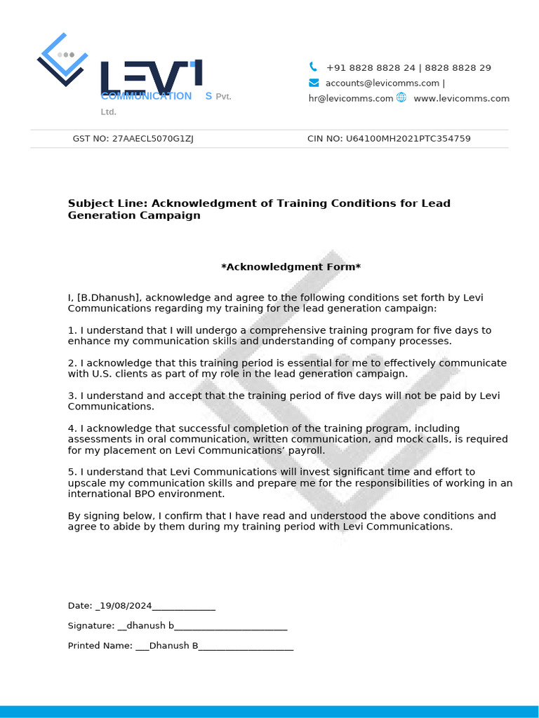 Acknowledgment of Training Conditions For Lead Generation Campaign | PDF