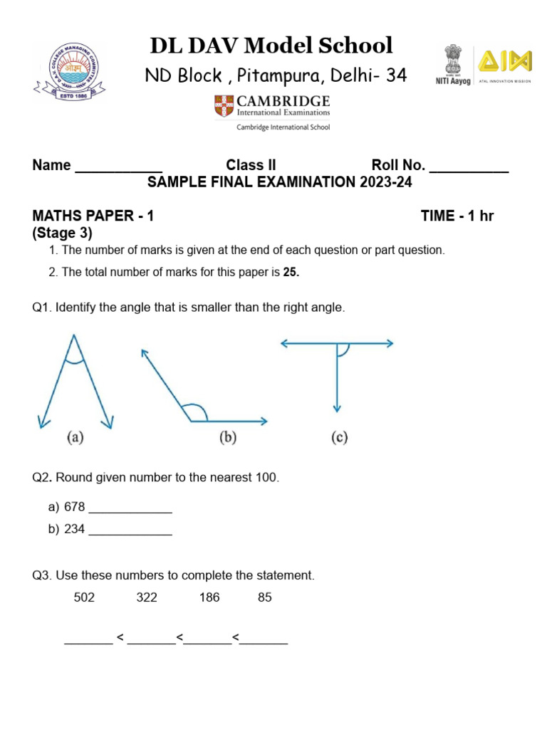 Class II Maths Final Exam Sample 2023 | PDF