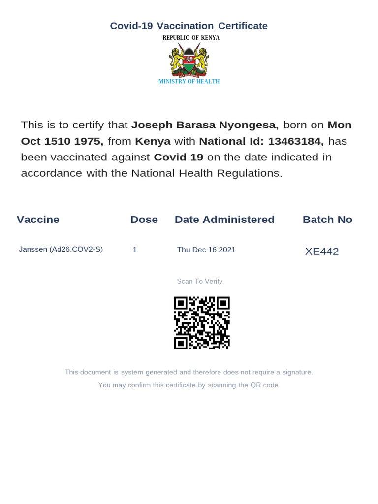 Covid-19 Vaccination Certificate for Joseph Barasa | PDF