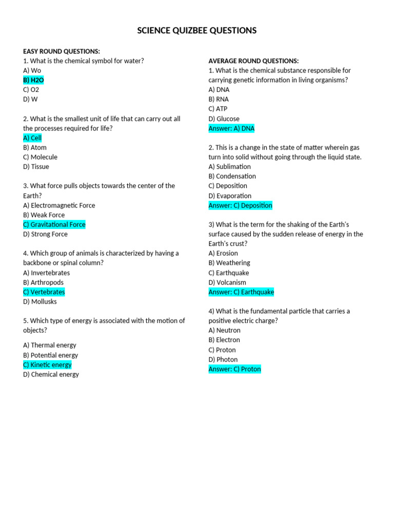 Science Quizbee Questions | PDF | Force | Matter
