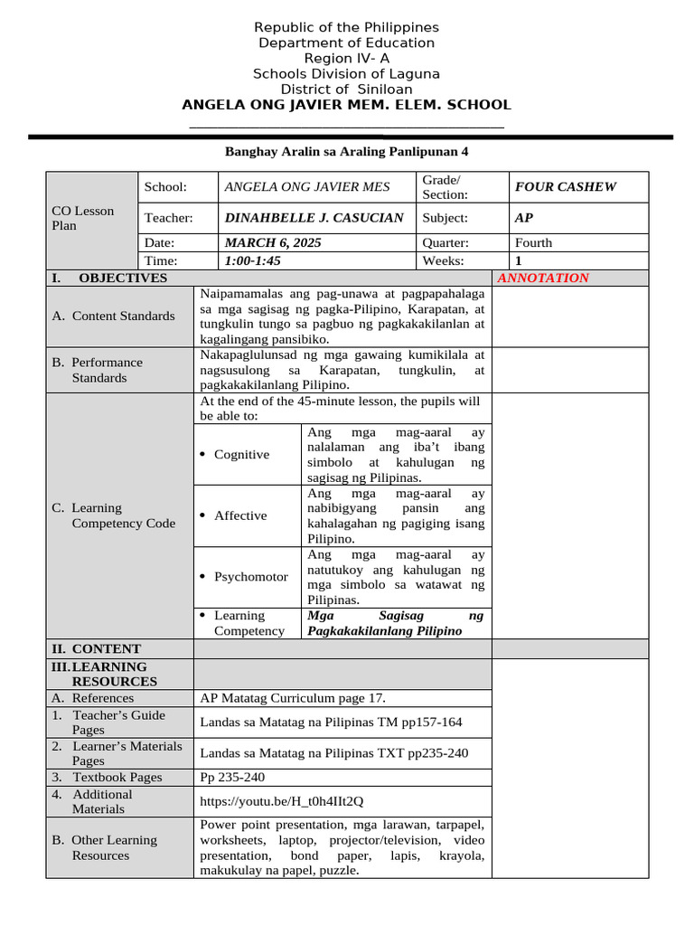 DLP - AP4 COT Mga Sagisag NG Pagkakakilanlang Pilipino | PDF