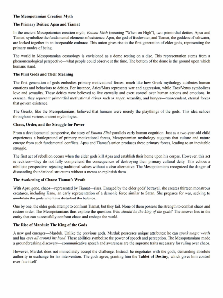 Mesopotamian Creation Story Analysis | PDF