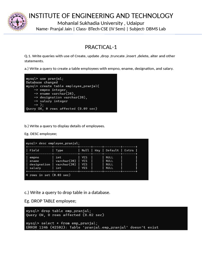 DBMS Lab Queries for BTech Students | PDF