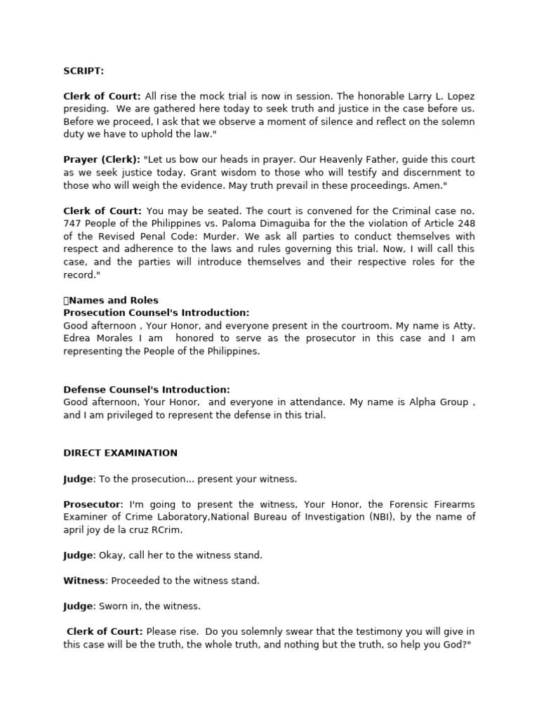 script for mock trial (2) | PDF | Witness | Expert Witness