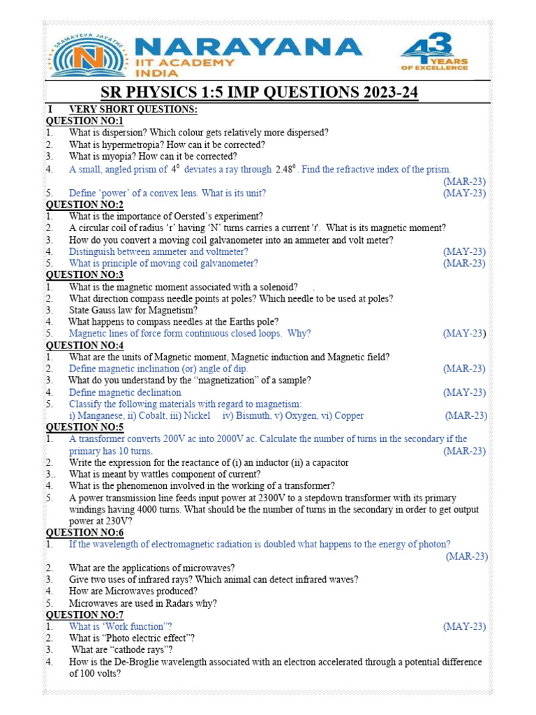 TS - SR - Physics - Imp - Questions 2023-24 | PDF | Inductance | Waves