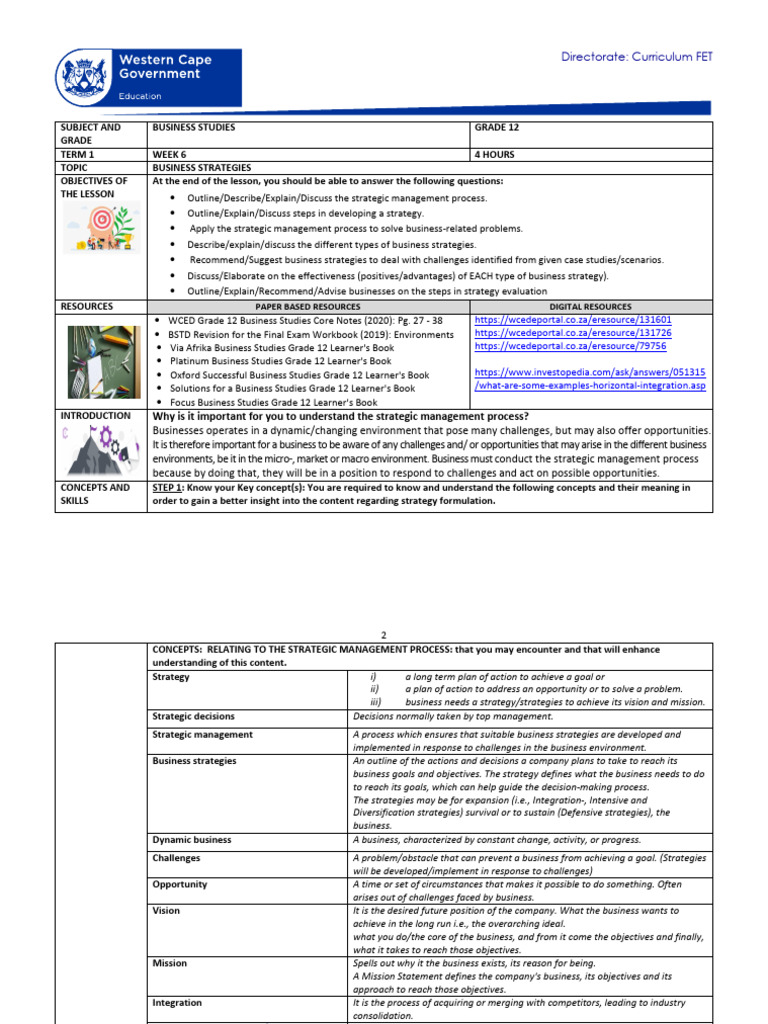 Business Studies Grade 12 Term 1 Week 6 2021 | PDF | Strategic ...