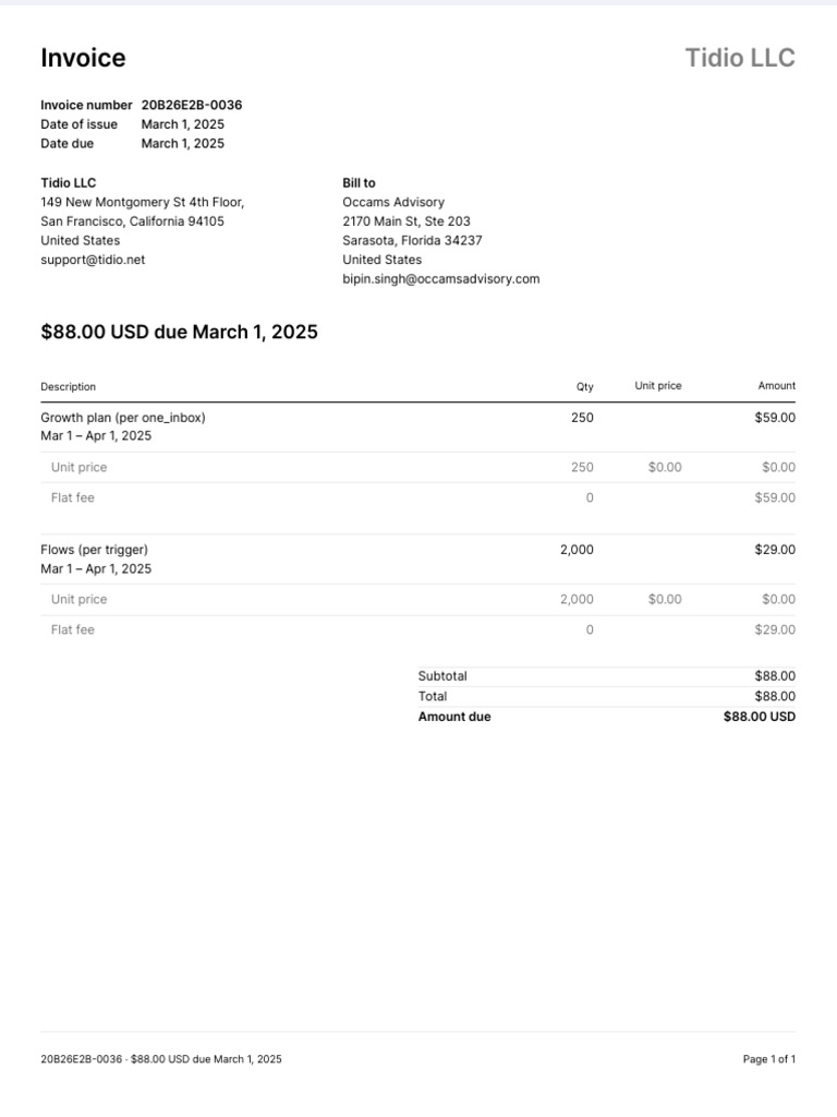 Invoice 20B26E2B-0036 for Tidio LLC | PDF