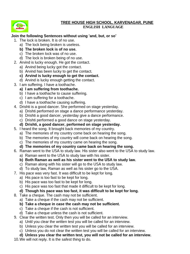 Join The Sentences Without Using And, But or So | PDF