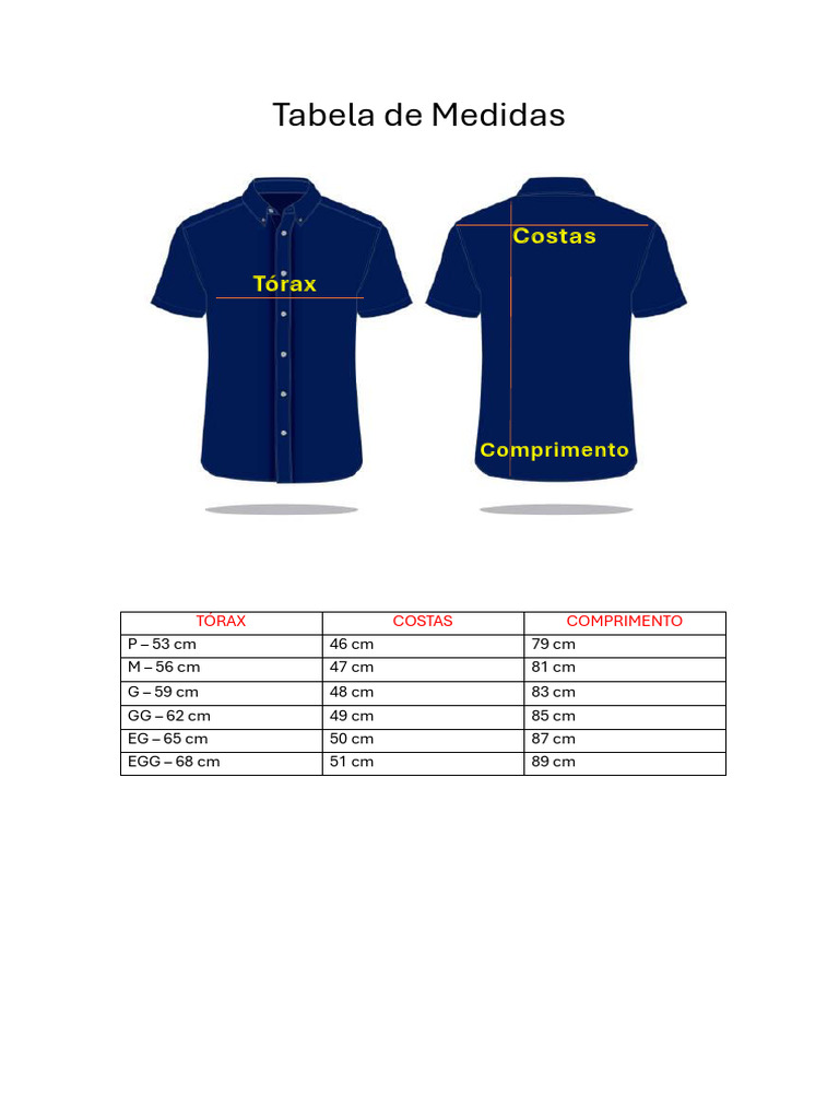 Tabela de Medidas CAMISAS | PDF