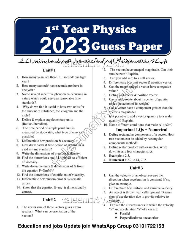 1st Year Guess Physics 2023 | PDF