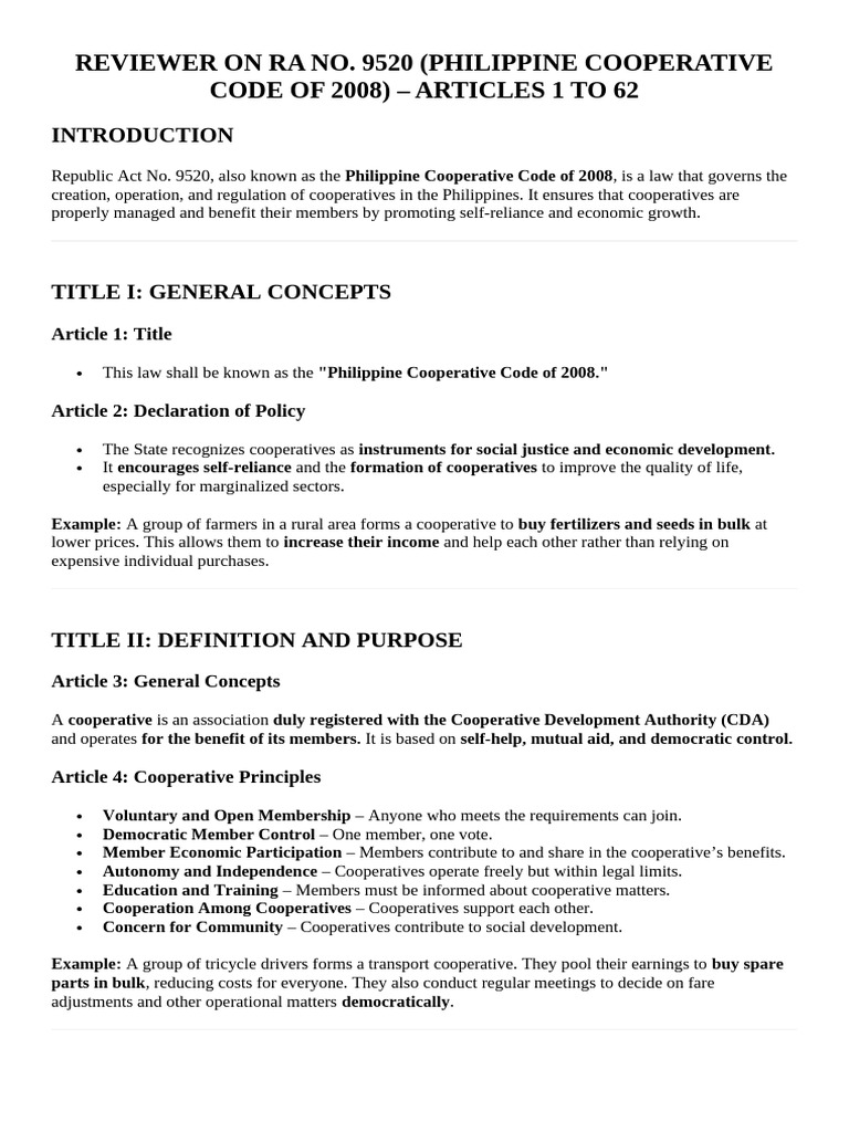 Reviewer On LAW - RA No. 9520 | PDF | Cooperative | Loans