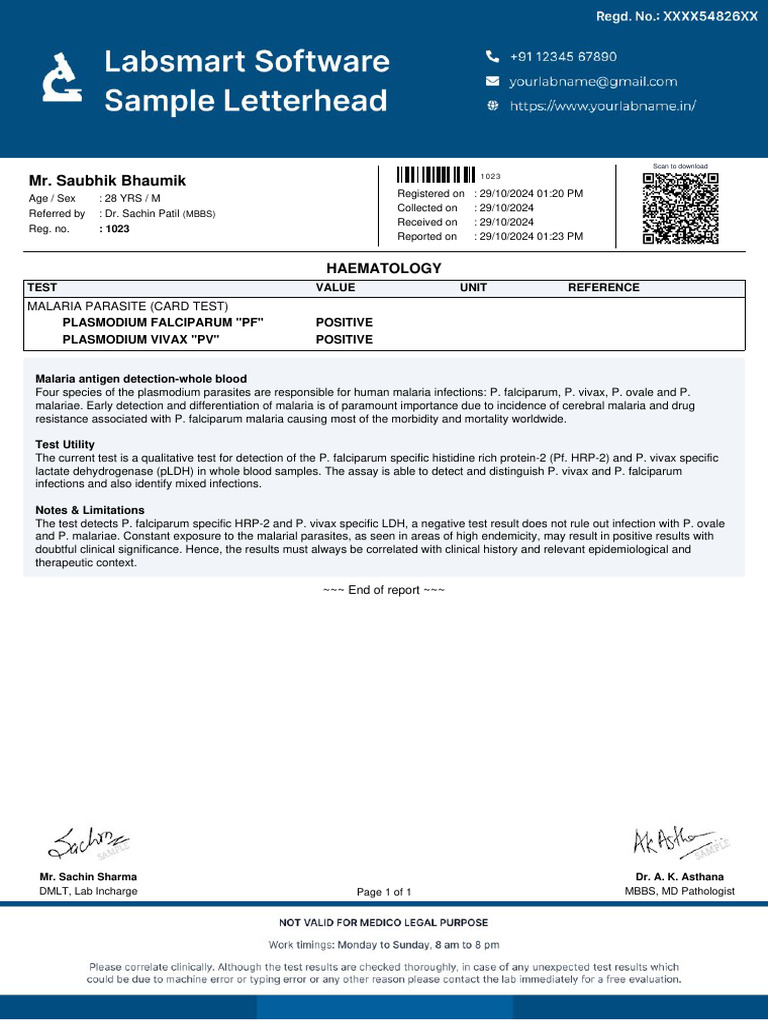 MP Card Test Report Format | PDF | Malaria | Plasmodium Falciparum