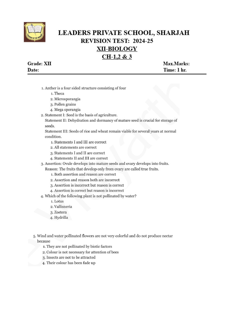 Revision Worksheet - CH 1,2,3 | PDF | Ploidy | Meiosis