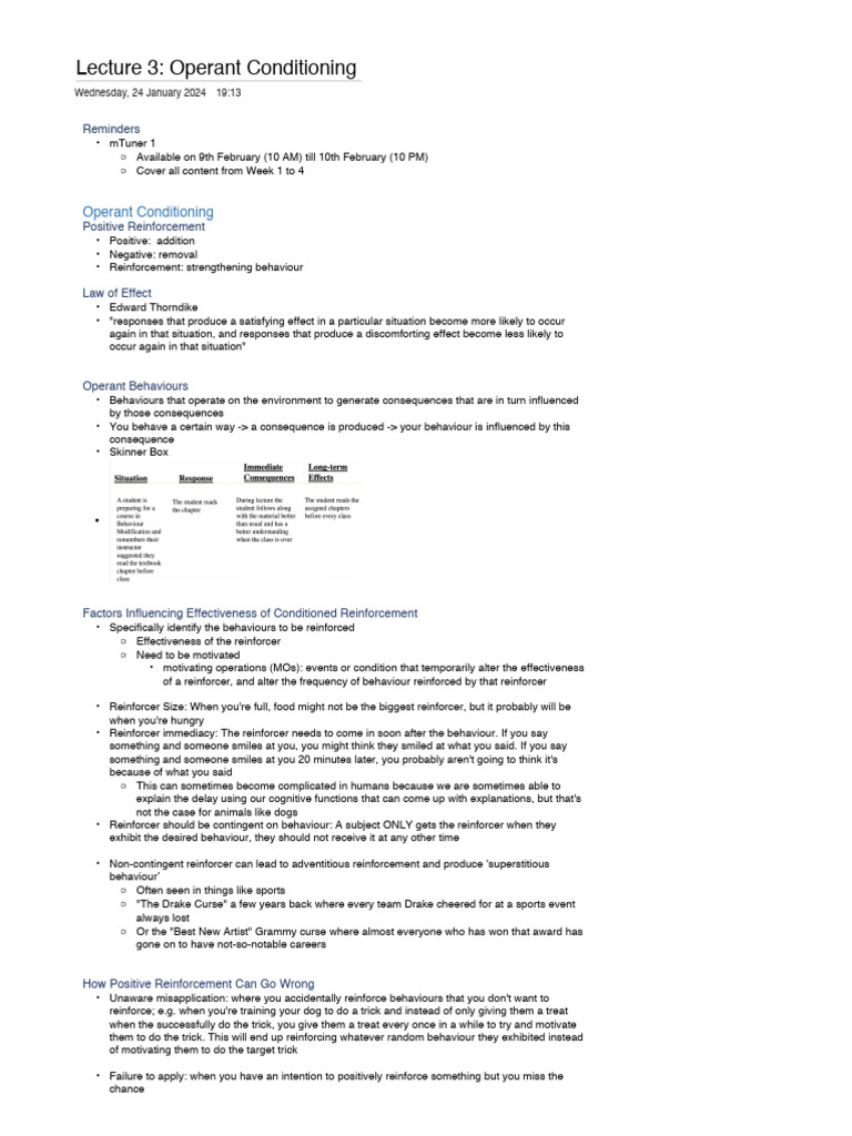 PSYB38 Lecture 3 | PDF | Reinforcement | Behaviorism