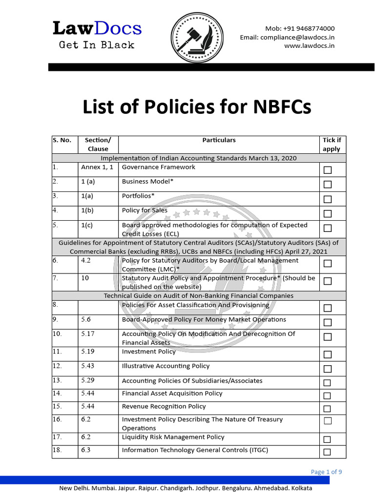 List of Policies For NBF Cs | PDF | Loans | Credit Risk