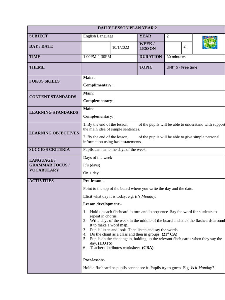 Daily Lesson Plan Year 2 | PDF | Lesson Plan | Teachers