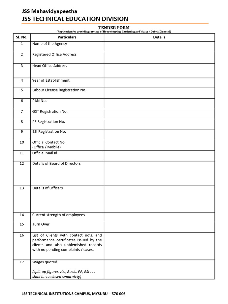 Tender Form Housekeeping Gardening and Waste Debris Disposal | PDF