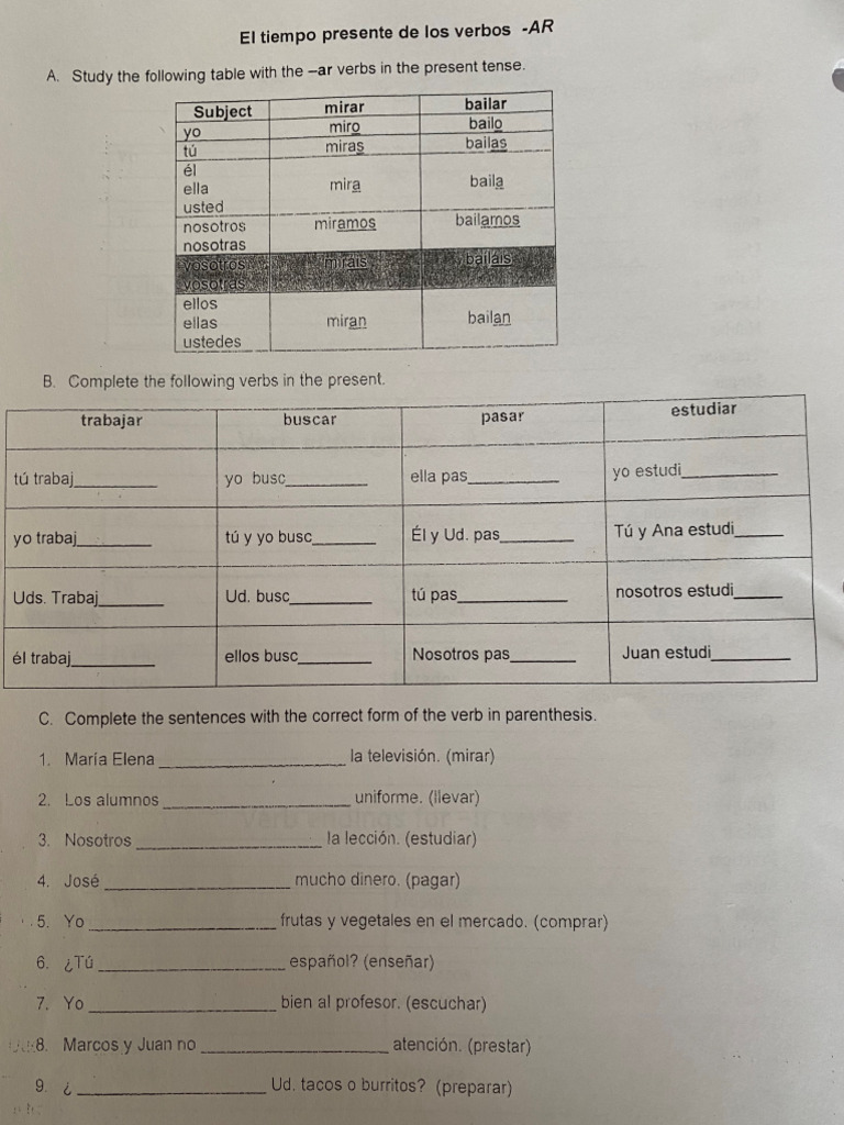 AR Verbs Practice Worksheet 2 | PDF