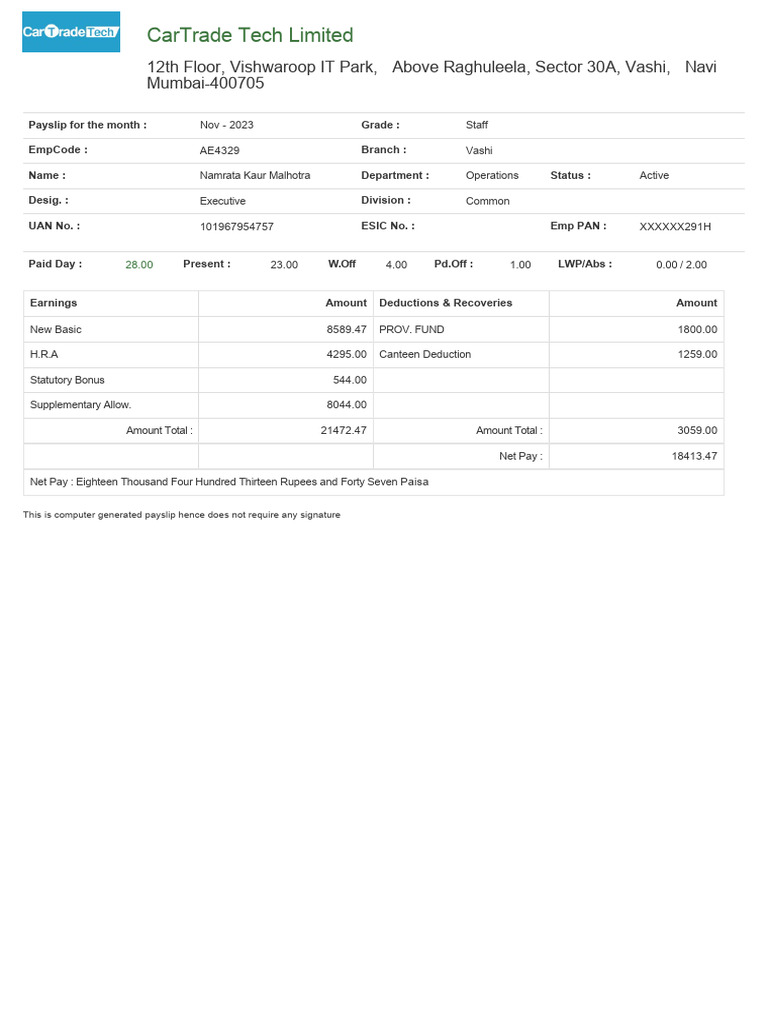 Payslip November | PDF