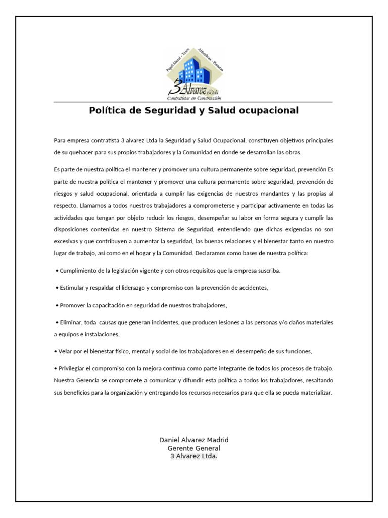 Política de Seguridad y Salud 3 Alvarez | PDF