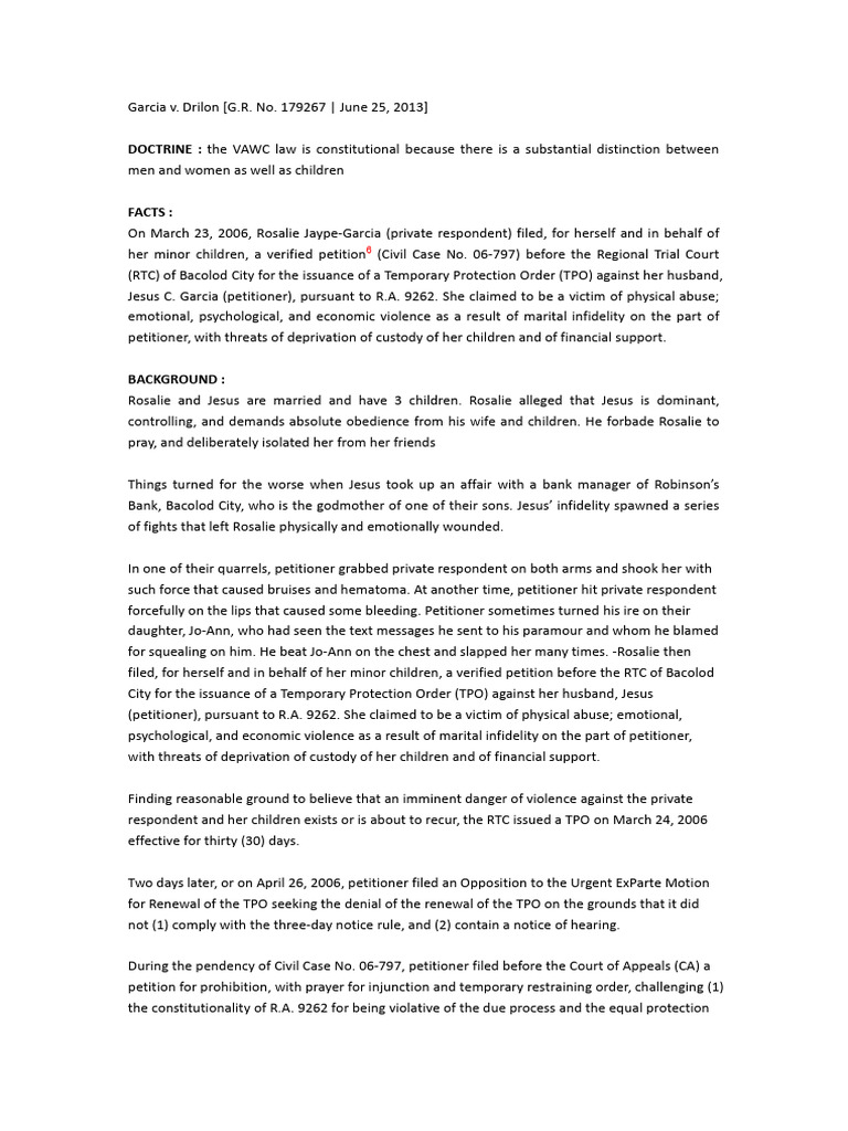 Garcia v. Drilon G.R. No. 179267 June 25, 2013 | PDF | Equal Protection Clause | Lawsuit