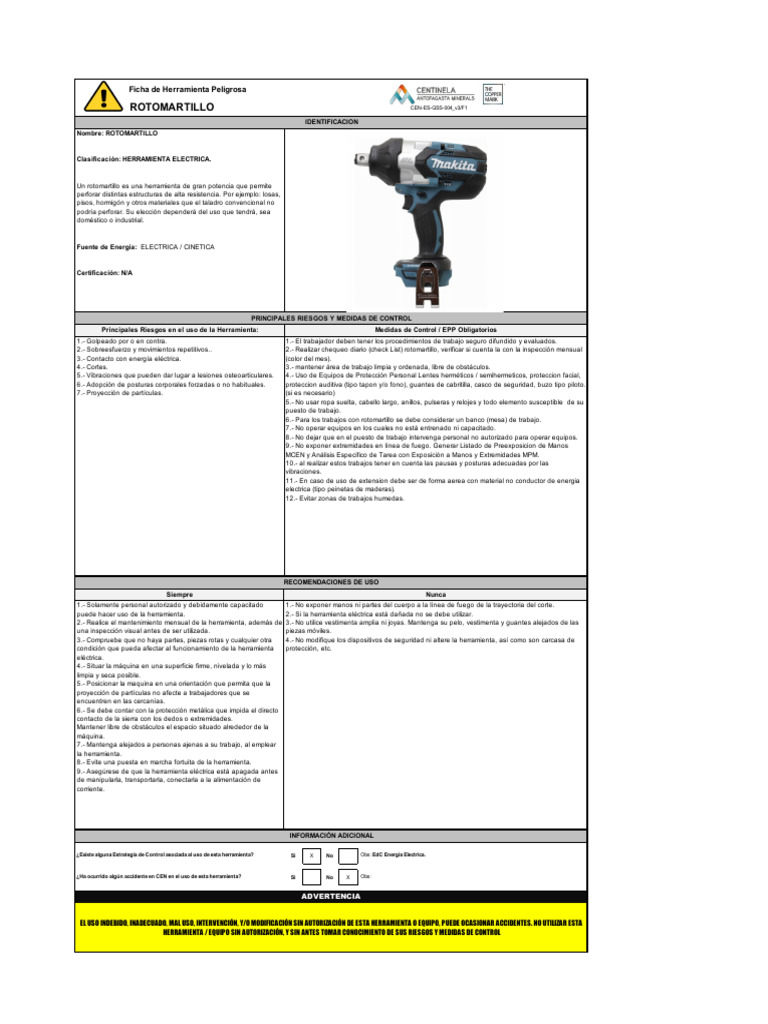 Ficha Herramienta Rotomartillo | PDF | Herramientas