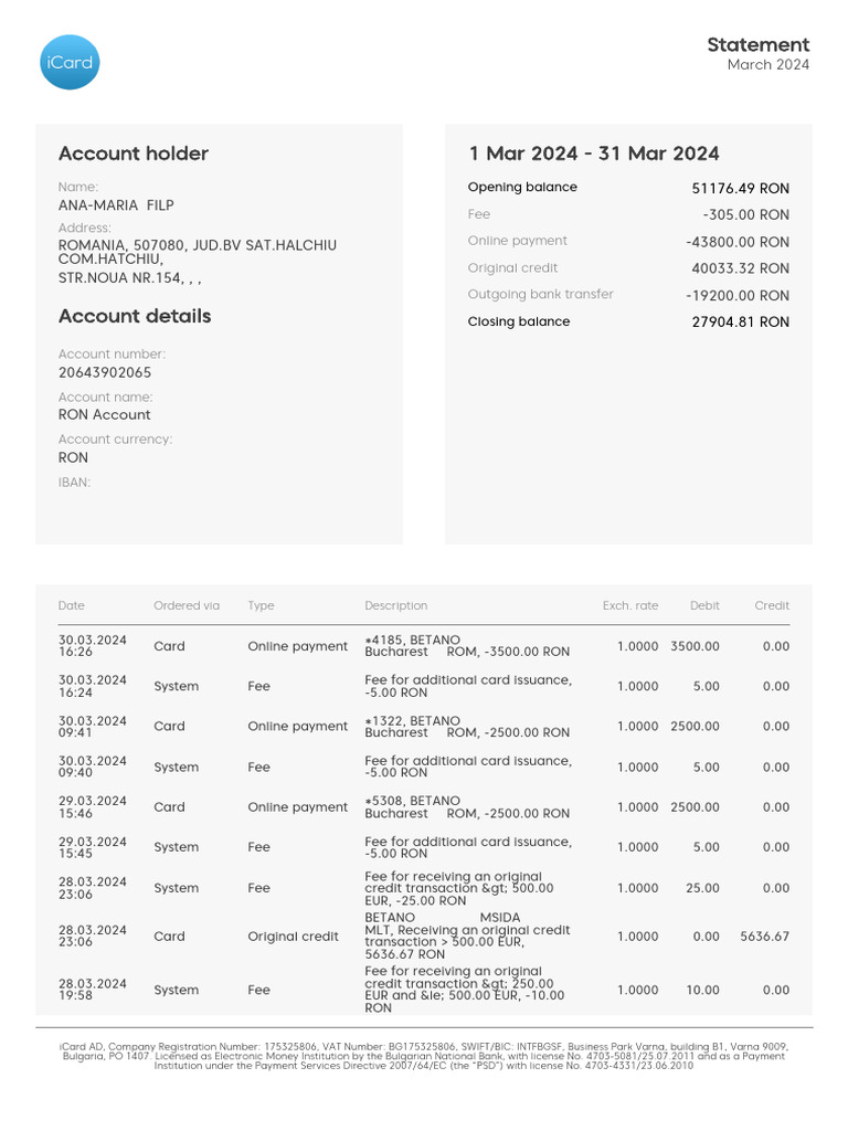 2icard Statement March 2024 | PDF | Payments | Debit Card