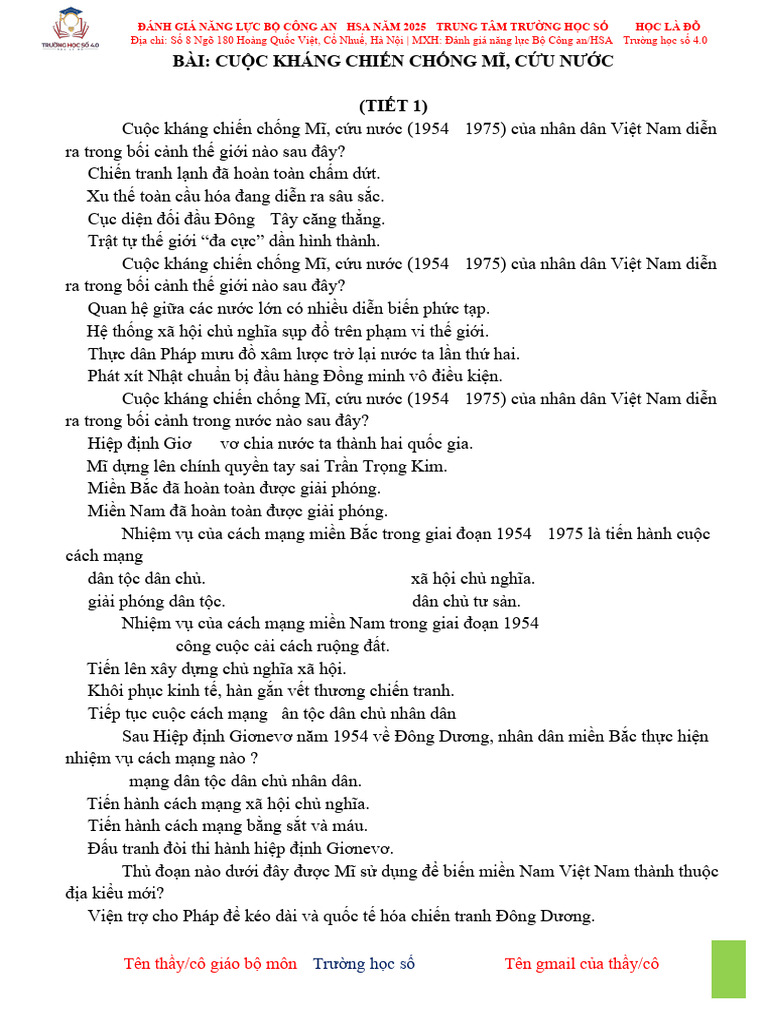 BTHS - KHÁNG CHIẾN CHỐNG MĨ TIẾT 1 | PDF