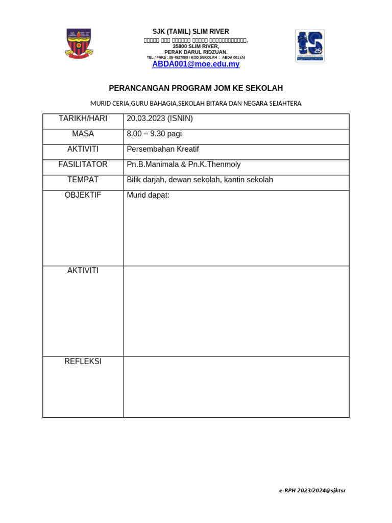 Template RPH Minggu Satu SJKTSR | PDF