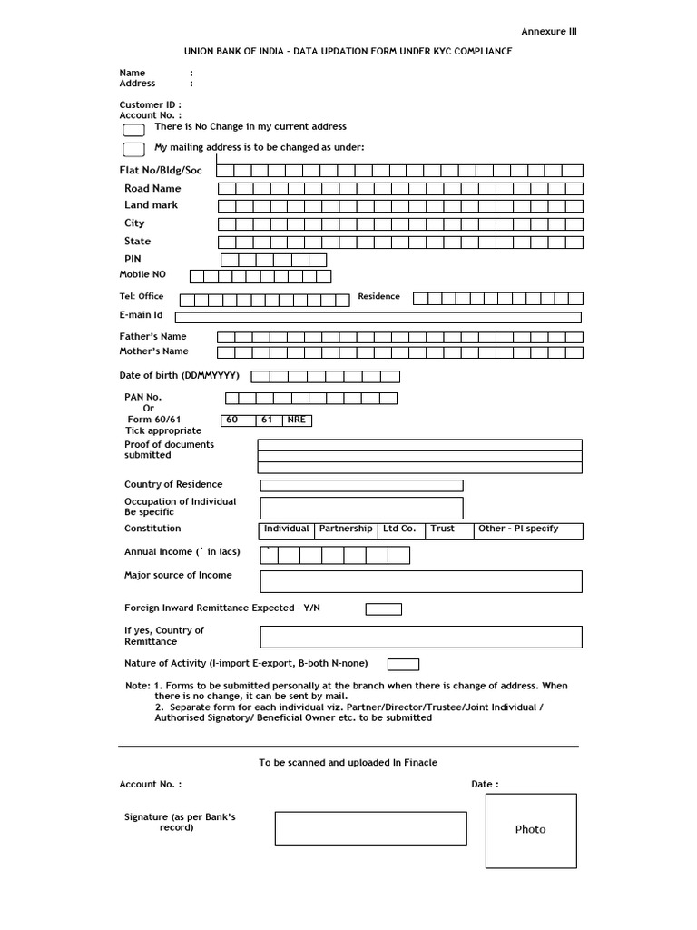 KYC Data Updation Form - Union Bank | PDF